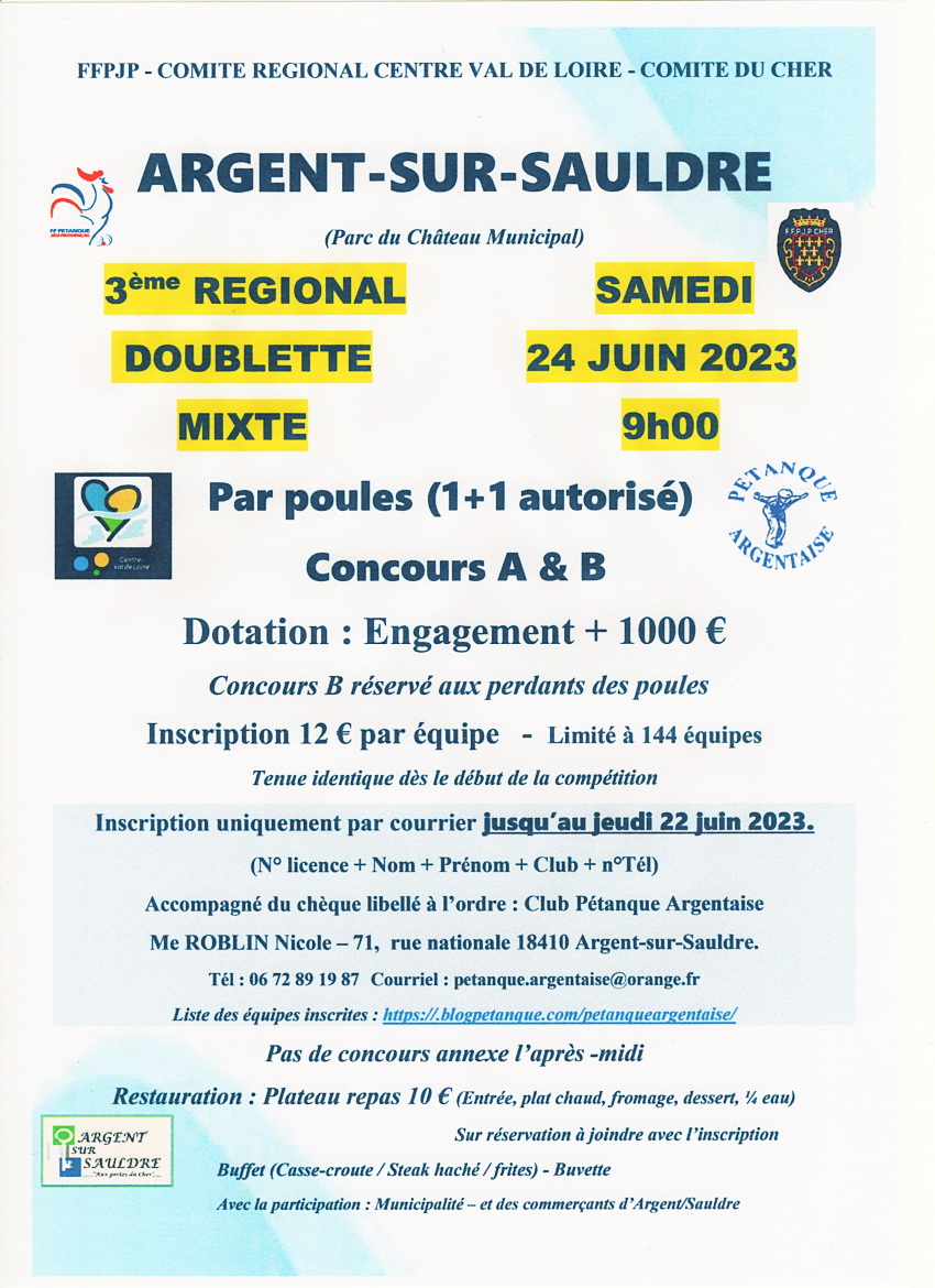 3° REGIONAL doublette mixte : Samedi 24 juin 2023